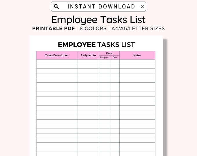 Employee Task List Printable, Assignment Sheet, Task Management, Team Organisation, Print and ...