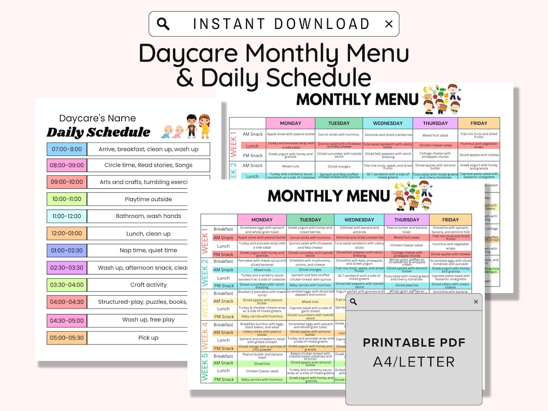 Home Daycare Monthly Menu Printable, Editable Daycare Daily Schedule Template, Preschool Menu ...