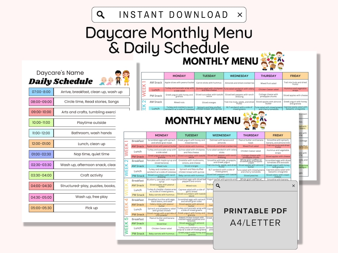 Home Daycare Monthly Menu Printable, Editable Daycare Daily Schedule ...
