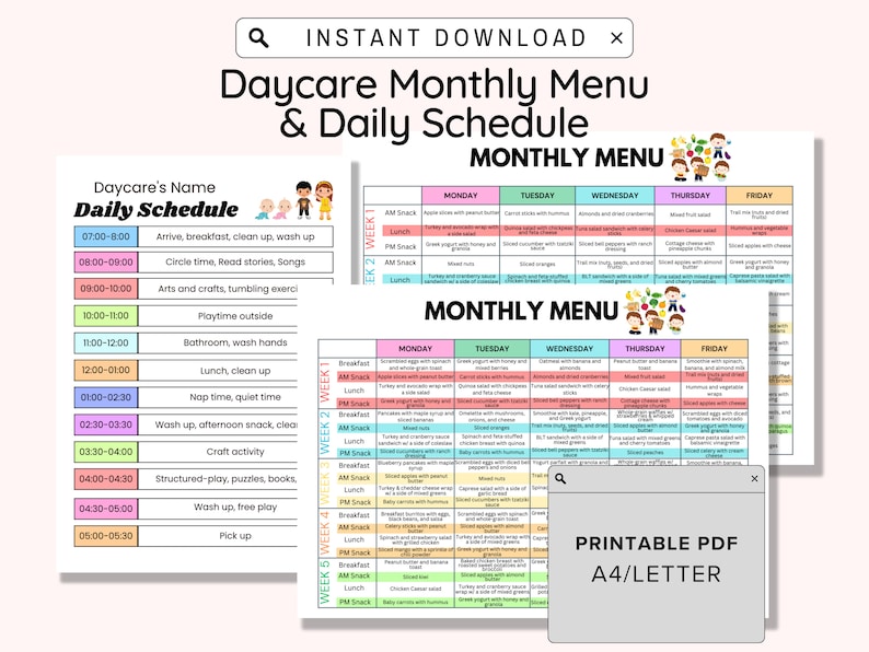 Home Daycare Monthly Menu Printable, Editable Daycare Daily Schedule ...