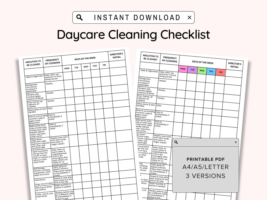 Daycare Cleaning Checklist, Childcare Cleaning Checklist, Daycare ...