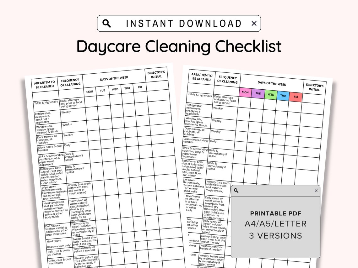 Daycare Cleaning Checklist, Childcare Cleaning Checklist, Daycare ...