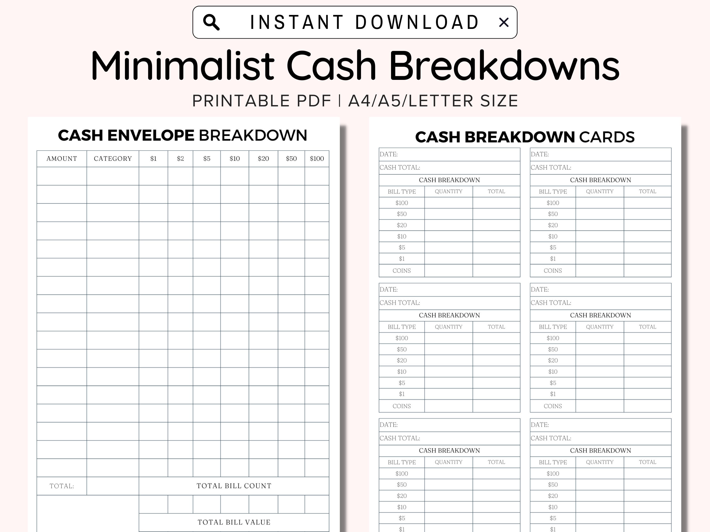Cash Breakdown Count Sheet Printable Cash Breakdown Cards Cash