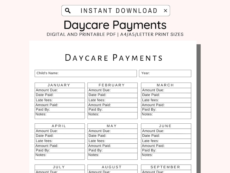 Daycare Payments Log Printable, Daycare Payments, Daycare Tuition ...