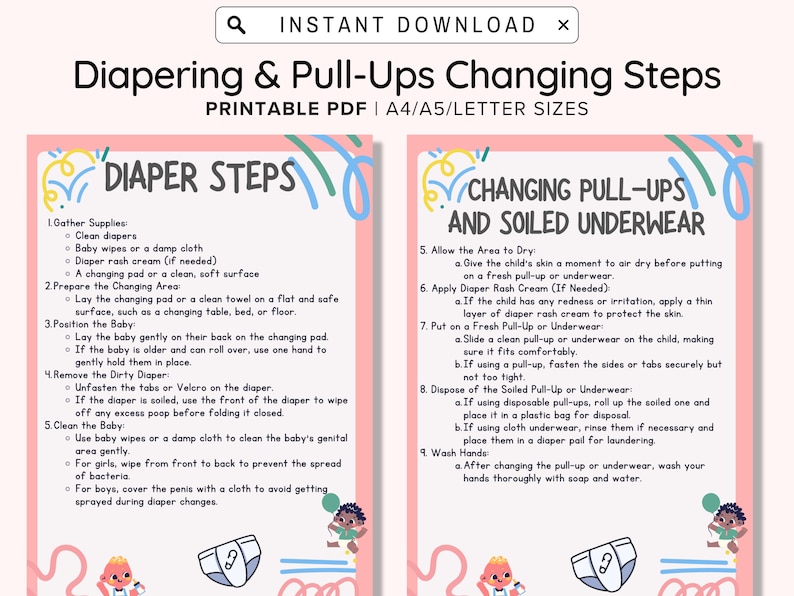 Diaper Changing Steps, Daycare Printable Diapering & Pull-up Changing ...