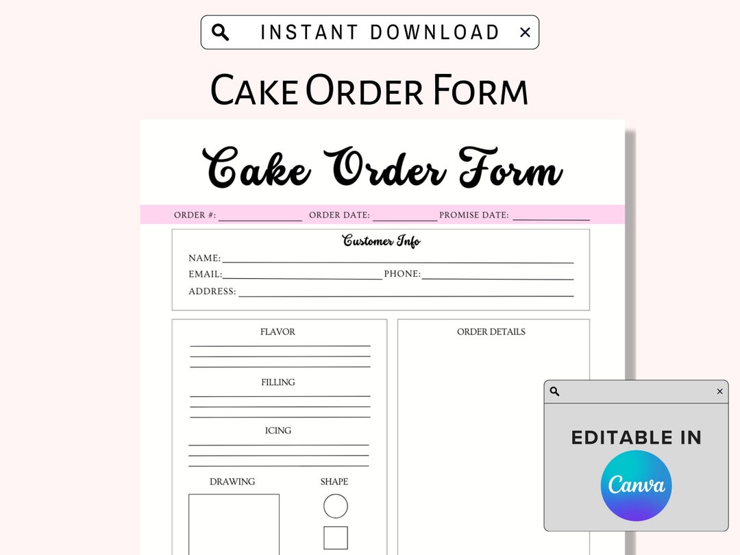Cake Order Form CANVA Editable Template, DIY Cake Business Invoice ...