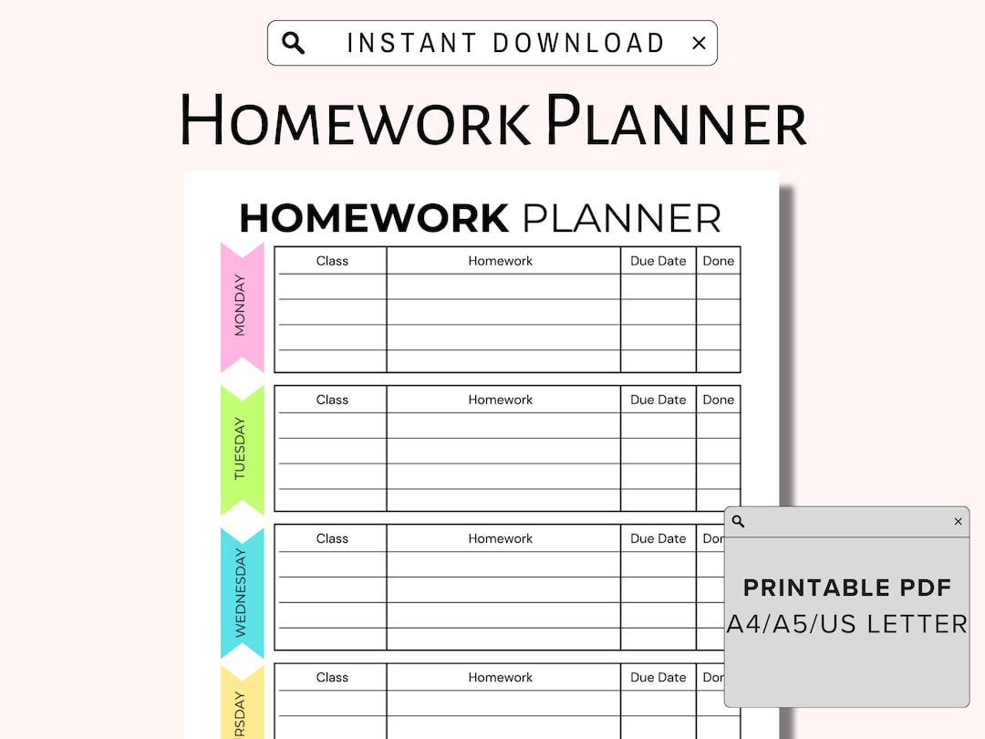 Printable Homework Planner, Homework Chart, Homework Tracker ...