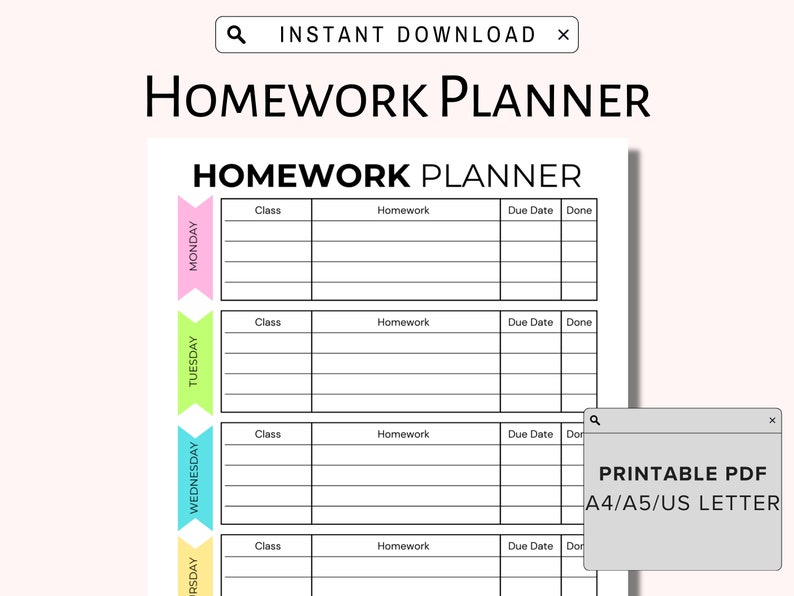 Printable Homework Planner, Homework Chart, Homework Tracker ...