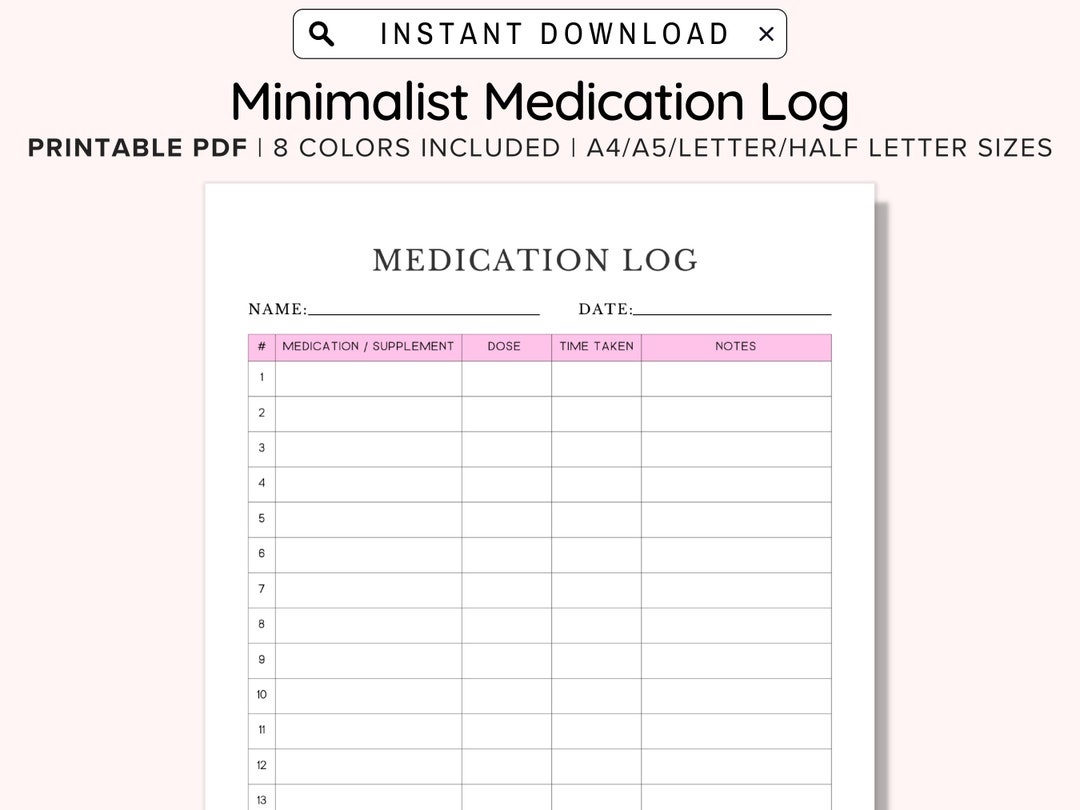 Medication Log Printable, Ready to Print Medication Log Chart, Post ...