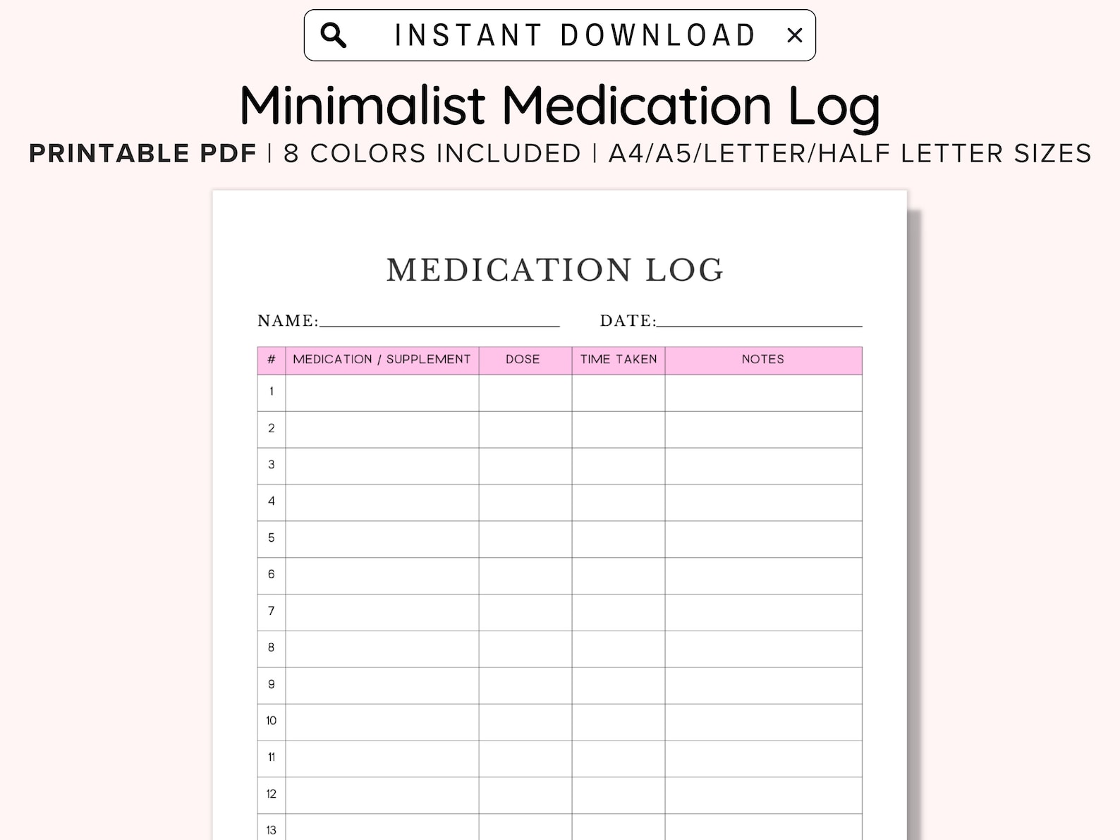 Medication Log Printable, Ready to Print Medication Log Chart, Post ...
