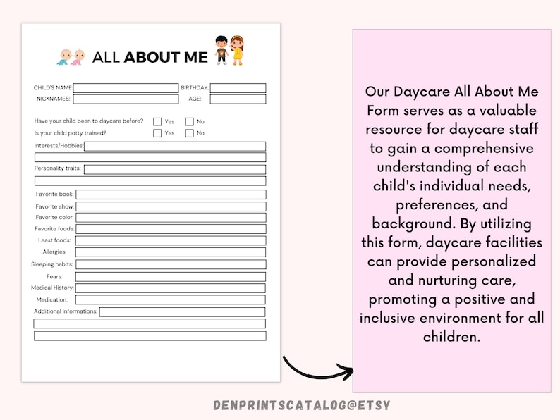 Daycare All About Me Form | Daycare Questionnaire | Get to Know Me ...