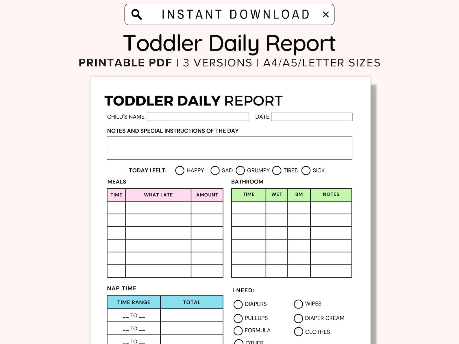 Toddler Daily Report | Daily Log for Daycare, Preschool, Nanny ...