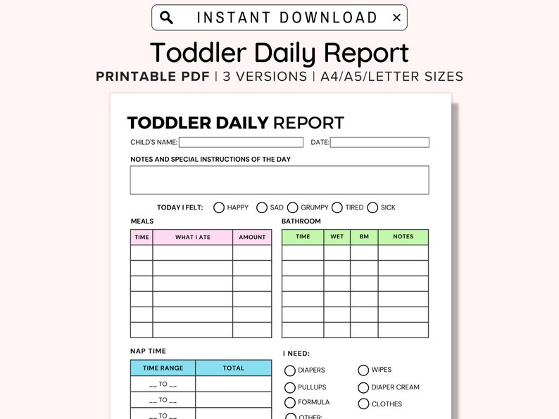 Toddler Daily Report | Daily Log for Daycare, Preschool, Nanny ...