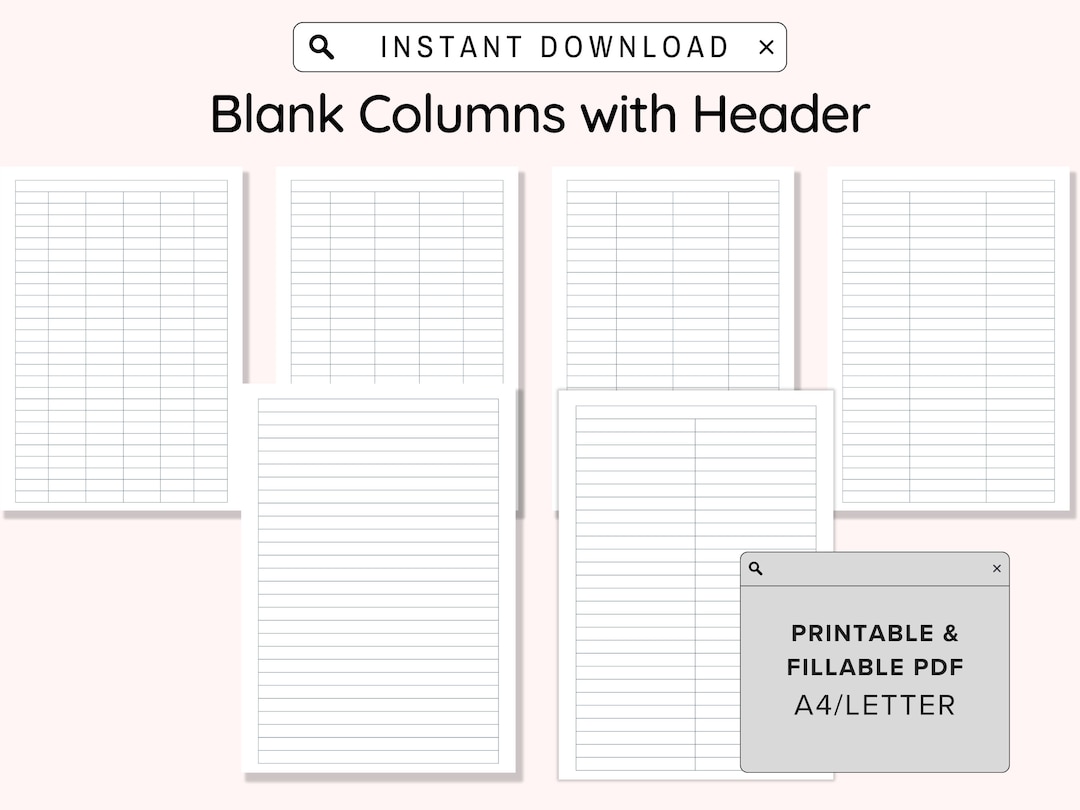 FILLABLE Blank Columns Charts With Header 1, 2, 3, 4, 5 and 6 ...