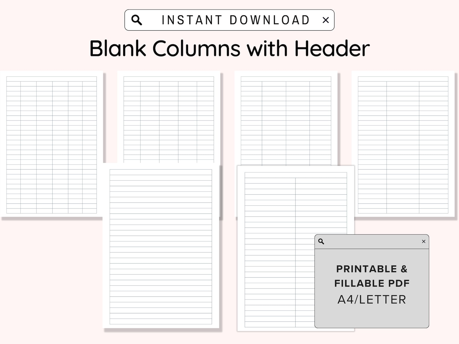FILLABLE Blank Columns Charts With Header 1, 2, 3, 4, 5 and 6 ...