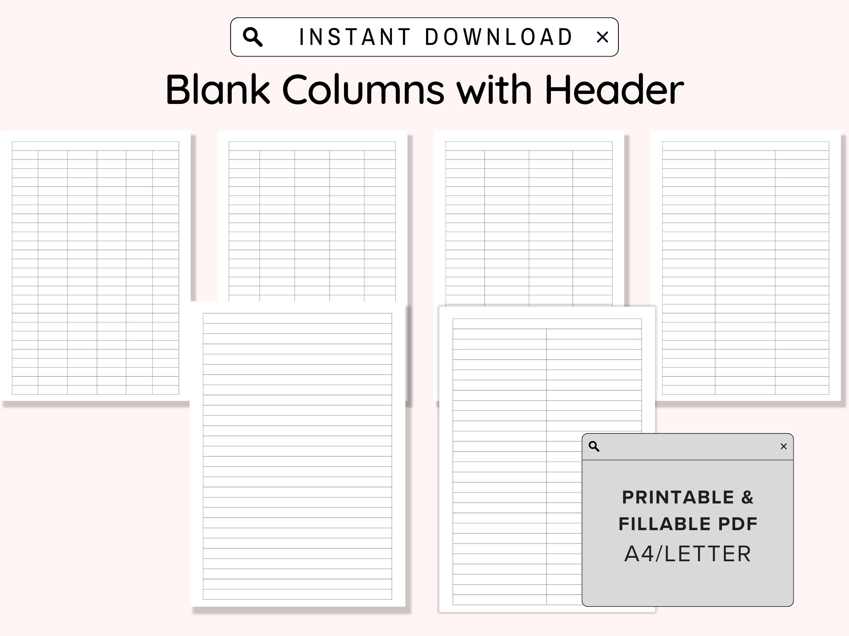 FILLABLE Blank Columns Charts With Header 1, 2, 3, 4, 5 and 6 ...