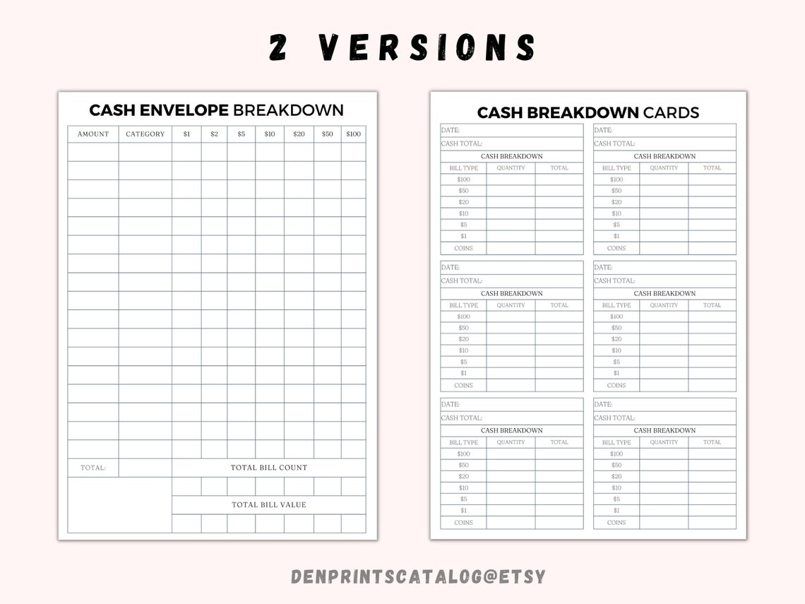 Cash Breakdown Count Sheet Printable Cash Breakdown Cards - Etsy Canada