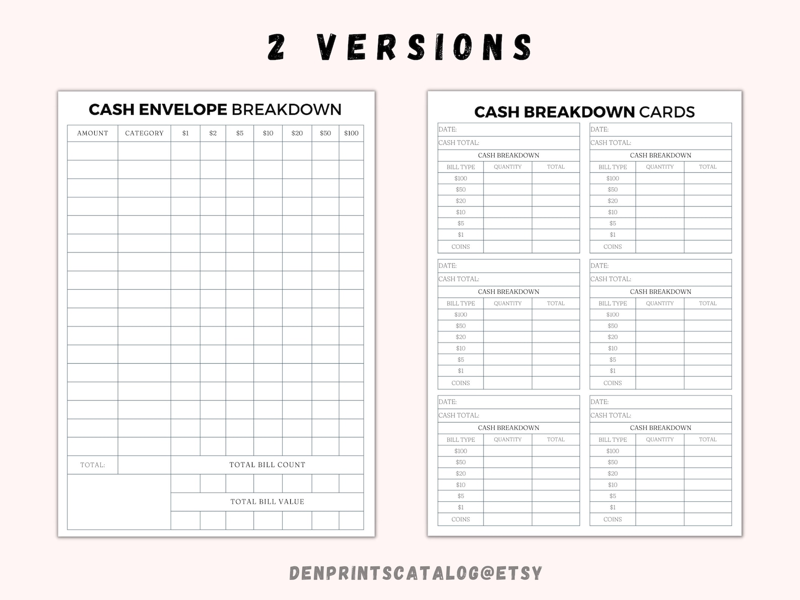 Cash Breakdown Count Sheet Printable, Cash Breakdown Cards, Cash ...