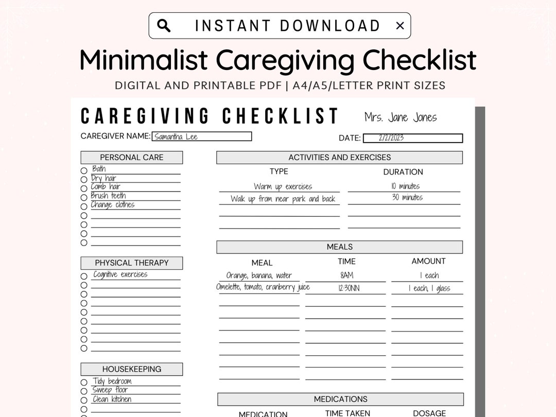 Caregiver Daily Tasks Printable, Caregiving Checklist, Elderly Care ...