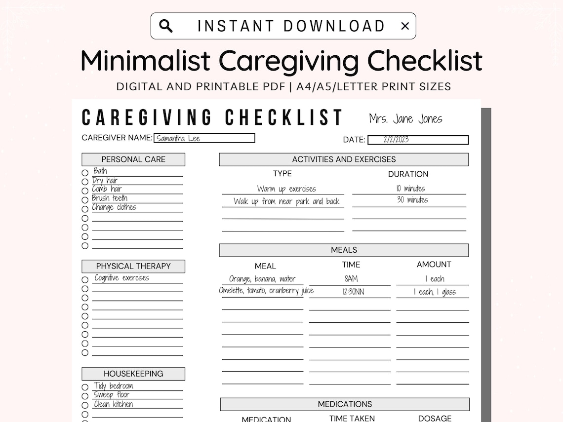 Caregiver Daily Tasks Printable, Caregiving Checklist, Elderly Care ...