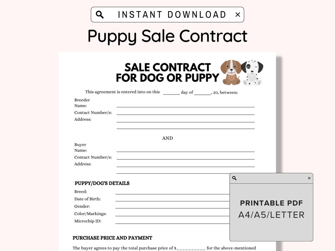 Puppy Sales Contract Printable, Puppy Deposit Contract, Puppy Sale ...