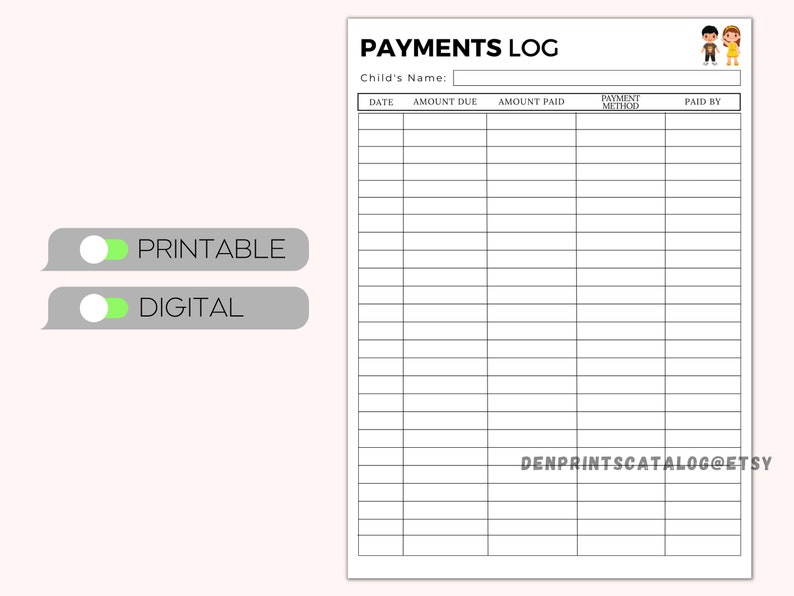 Tuition Payment Log Printable, Daycare Payment Log, Childcare Payment ...