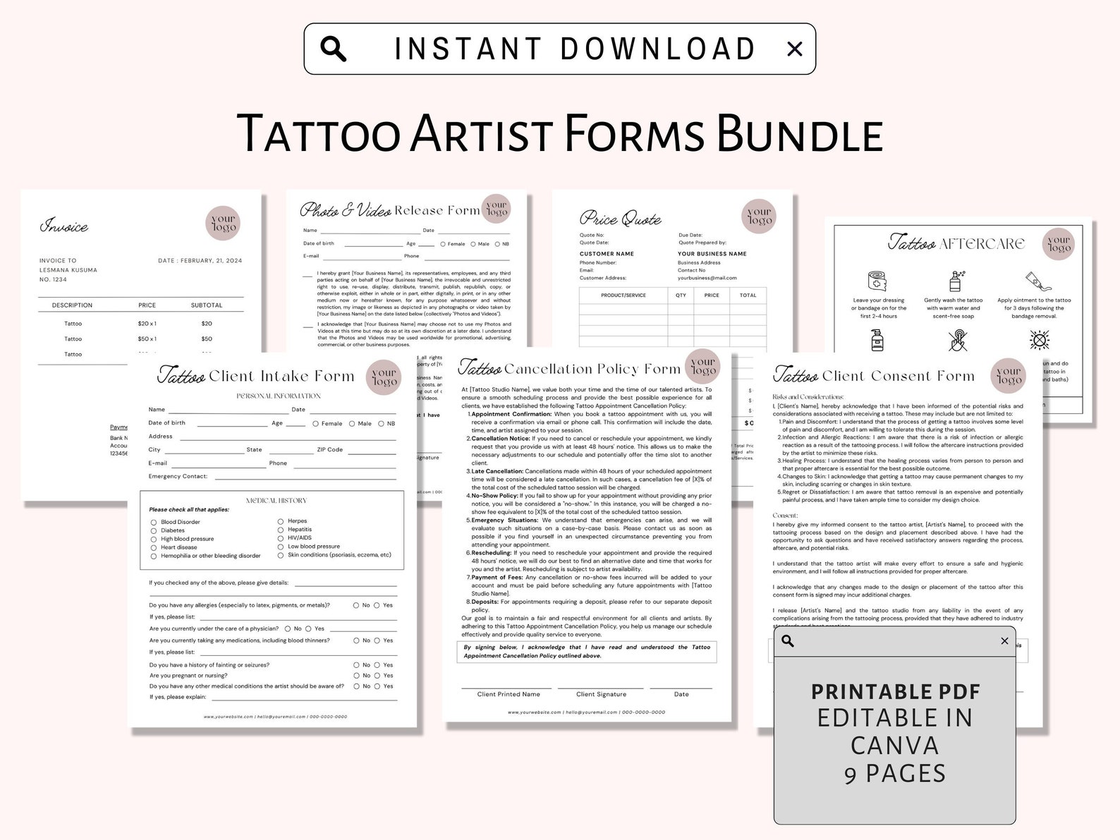 Editable Tattoo Artist Forms Bundle, Tattoo Consent Form, Tattoo Intake ...