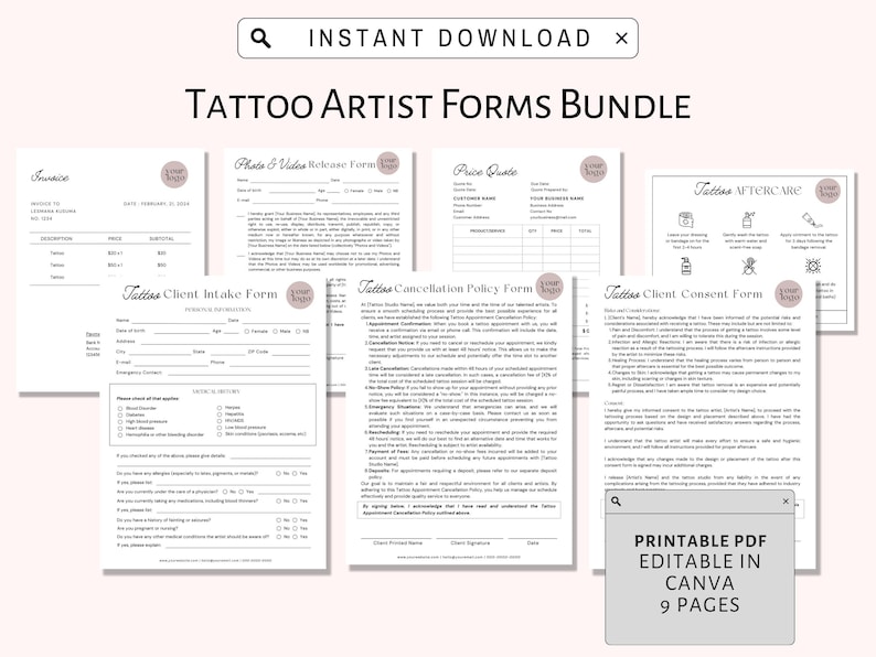 Editable Tattoo Artist Forms Bundle, Tattoo Consent Form, Tattoo Intake ...