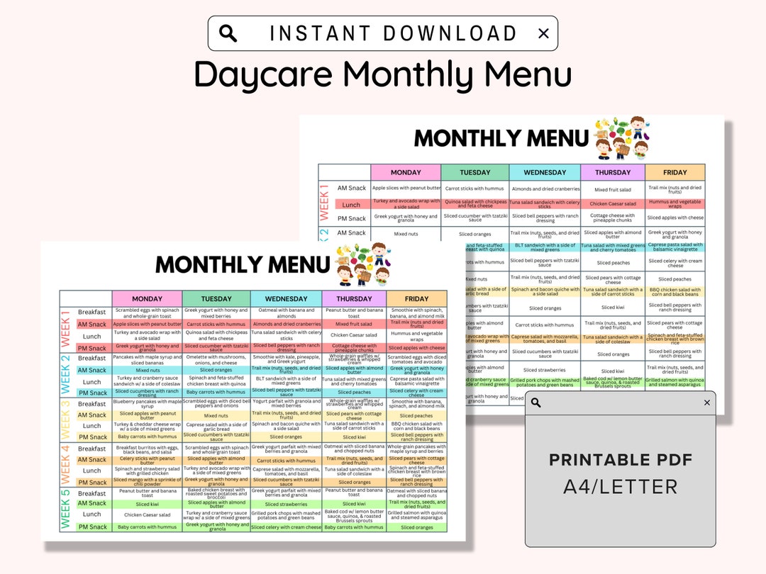 Home Daycare Monthly Menu Printable, Editable Daycare Meal Planner ...
