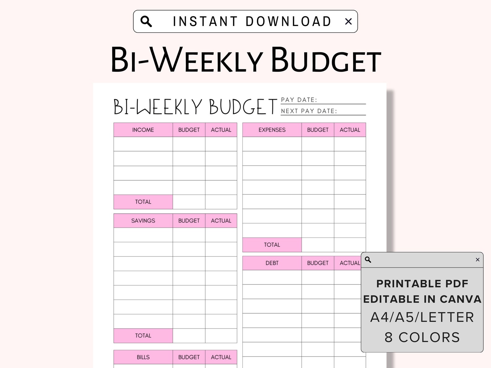 EDITABLE Biweekly Budget Planner, Bi-weekly Template, PDF Printable ...