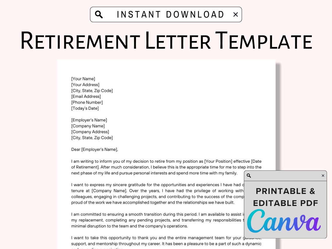 Professional Retirement Letter Template Printable, Editable Retirement ...