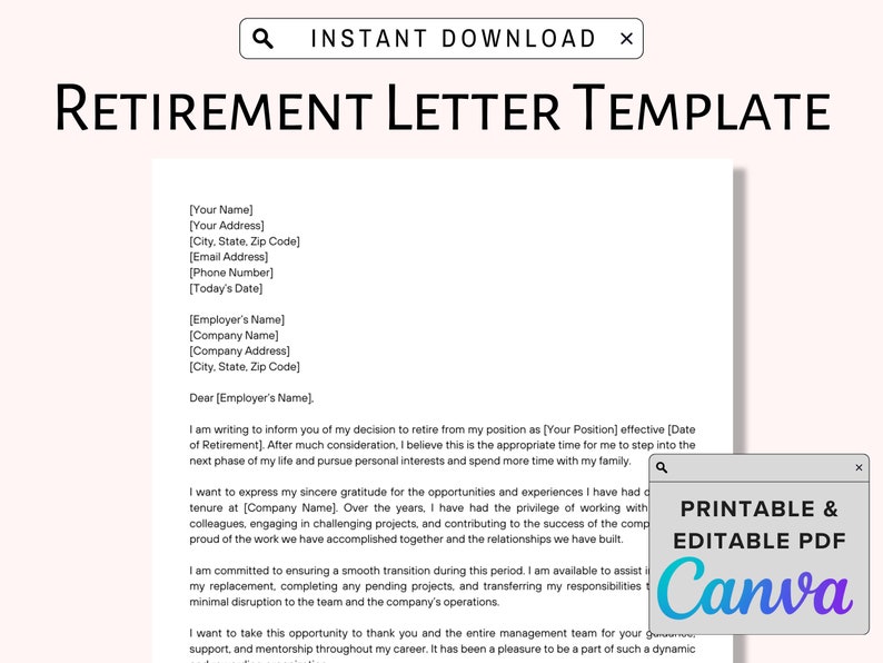 Professional Retirement Letter Template Printable, Editable Retirement ...