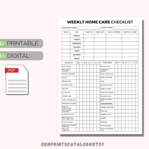 Weekly Home Care Checklist Printable, Monday Start, Caregiving Elderly ...