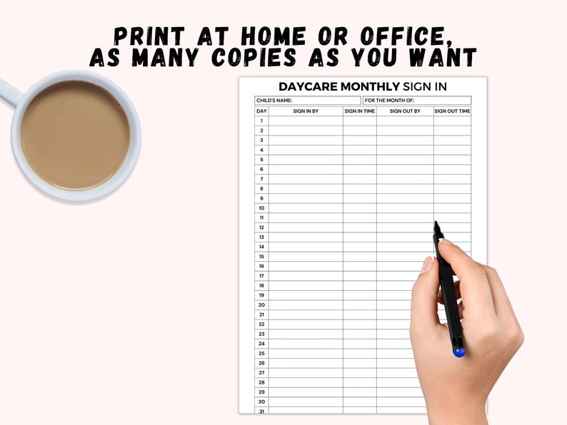 Daycare Monthly Sign in and Out, Student Name Print and Write, Sign in ...