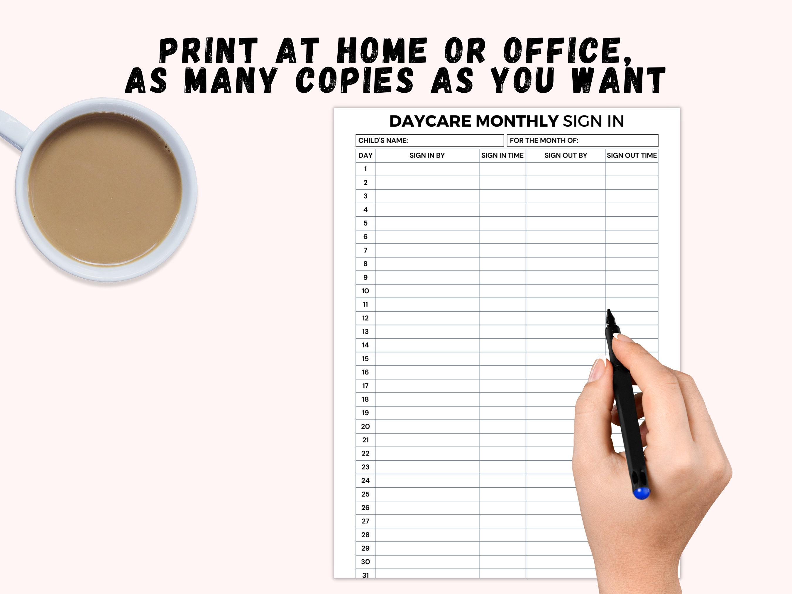 Daycare Monthly Sign in and Out, Student Name Print and Write, Sign in ...