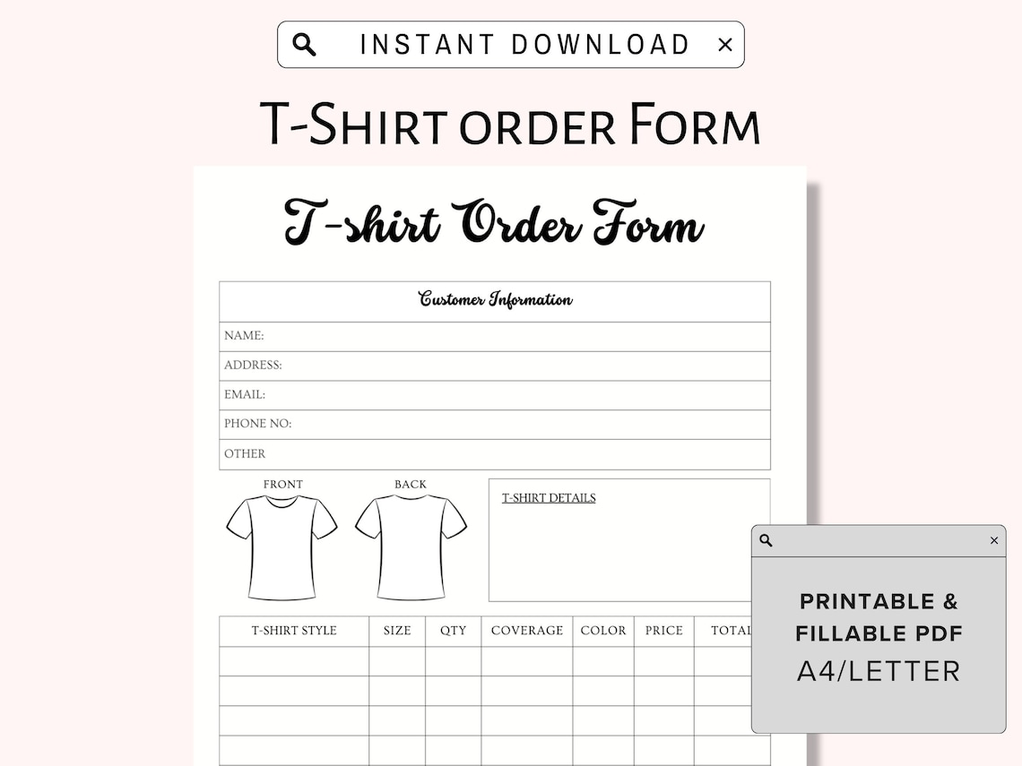 Fillable T-shirt Order Form Editable, Printable Shirt Order Form ...