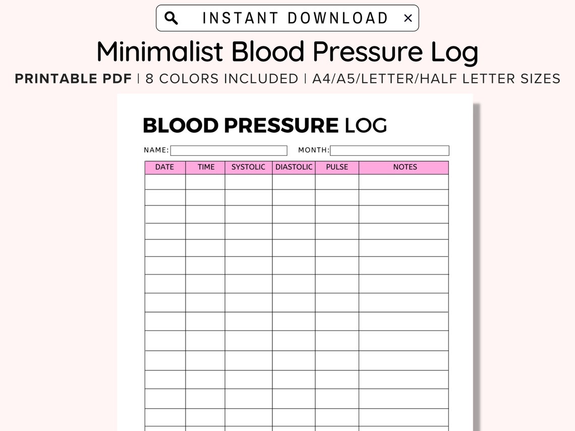 Blood Pressure Log Book Printable, High Blood Pressure Tracker ...