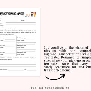 Daycare Pick-up Form, Child Care Center Child Authorized Pick-up ...