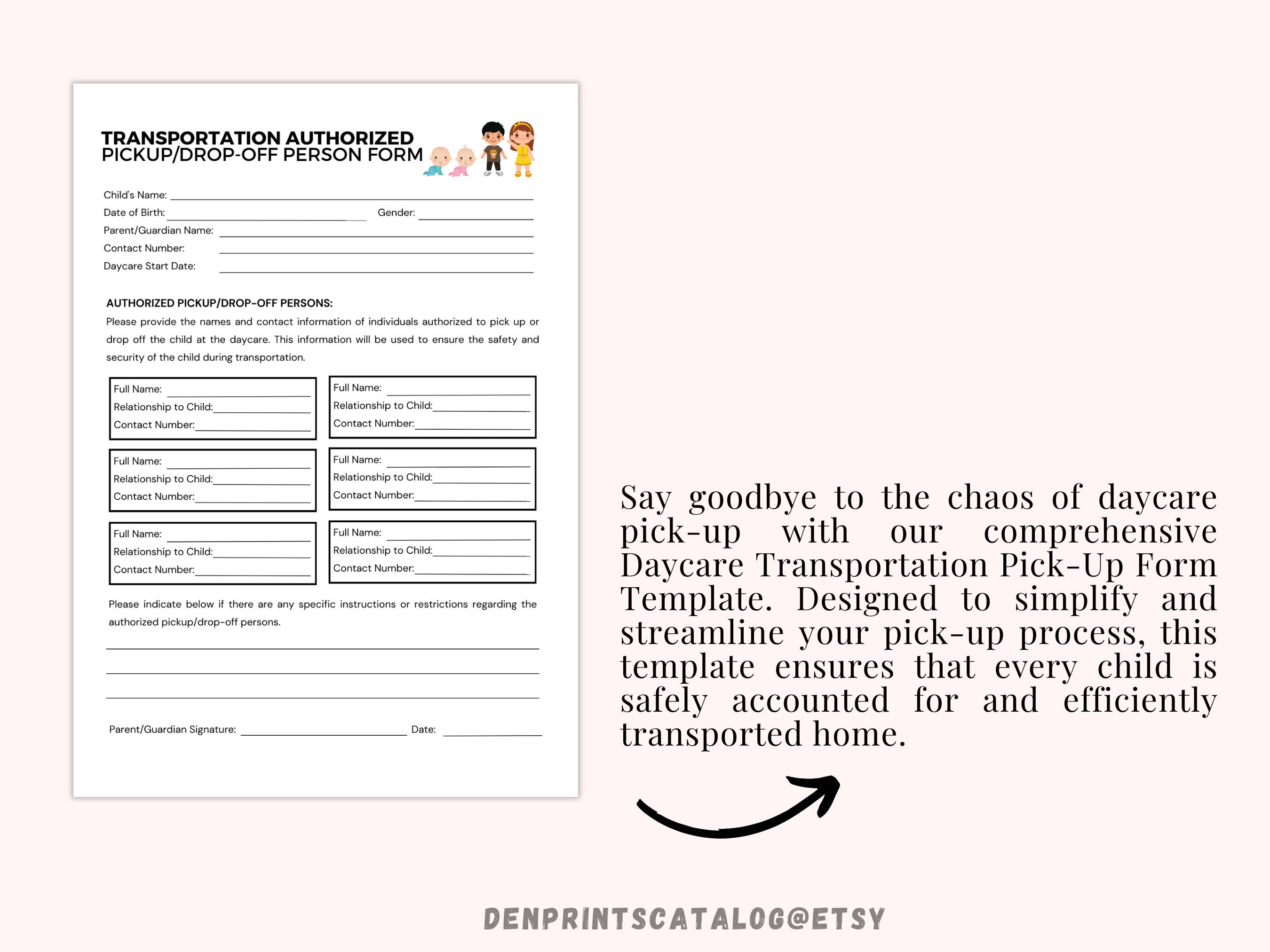 Daycare Pick-up Form, Child Care Center Child Authorized Pick-up ...