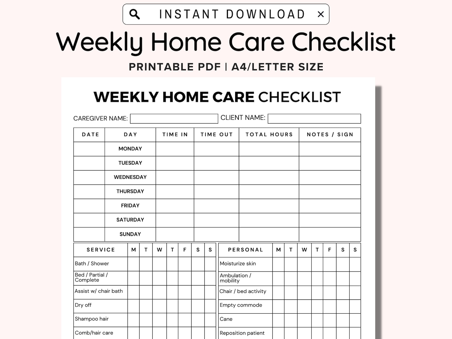 Weekly Home Care Checklist Printable, Monday Start, Caregiving Elderly ...