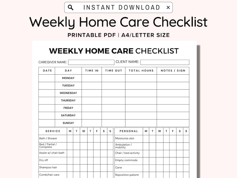 Weekly Home Care Checklist Printable, Monday Start, Caregiving Elderly ...