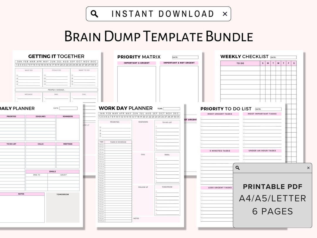 Brain Dump Template BUNDLE Printable, to Do List Editable, ADHD Daily ...