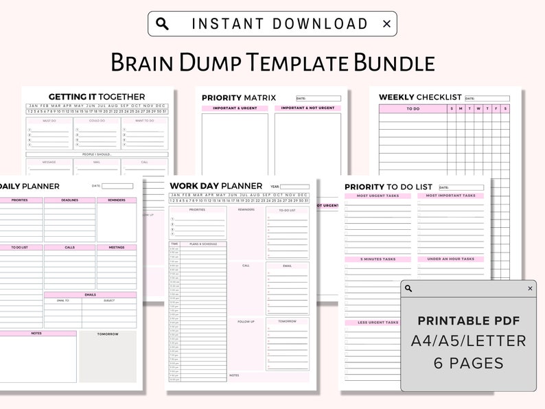 Brain Dump Template BUNDLE Printable, to Do List Editable, ADHD Daily ...