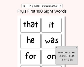 100 Printable Fry's First Hundred Sight Word Flashcards, Kindergarten ...