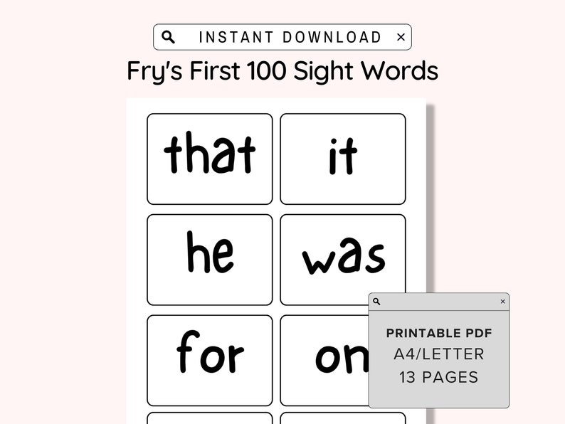 100 Printable Fry's First Hundred Sight Word Flashcards, Kindergarten ...