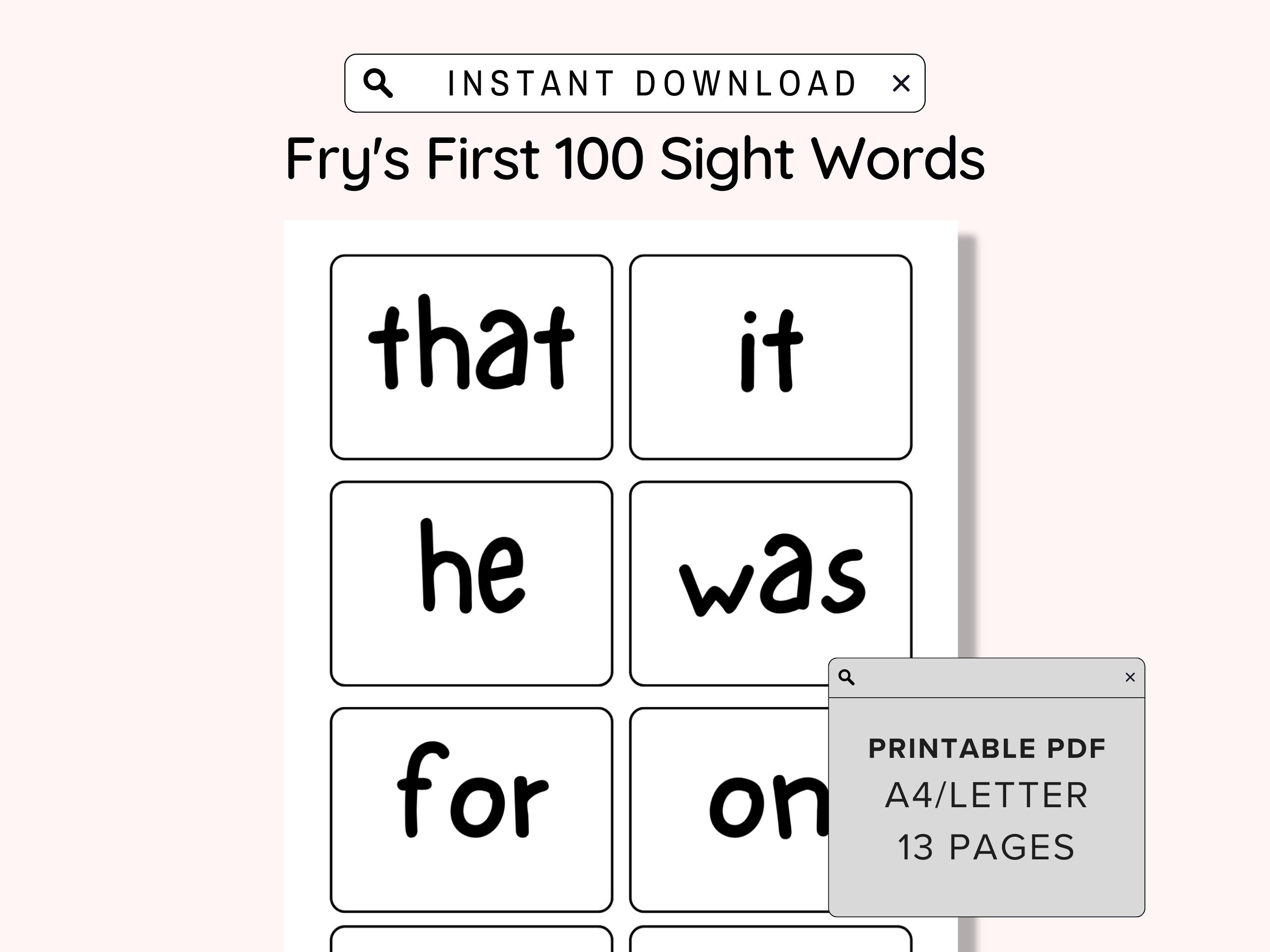 100 Printable Fry's First Hundred Sight Word Flashcards, Kindergarten ...