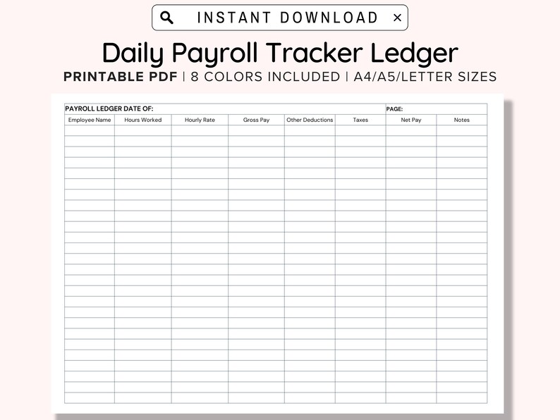 Small Business Daily Payroll Tracker Printable, Ledgers for Hourly and ...