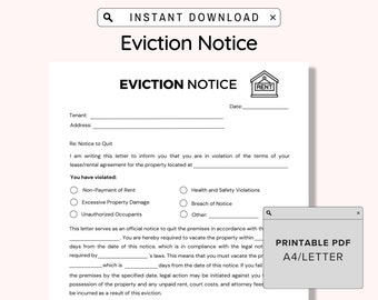 Eviction Notice Editable Notice to Vacate Tenant Template Printable Landlord Rental Lease ...