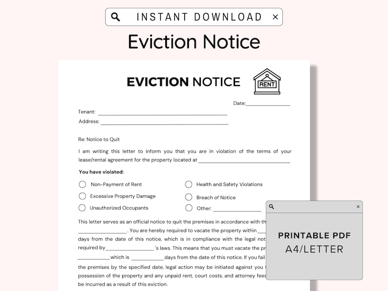 Eviction Notice Printable, Lease Termination Form, Editable Notice to ...