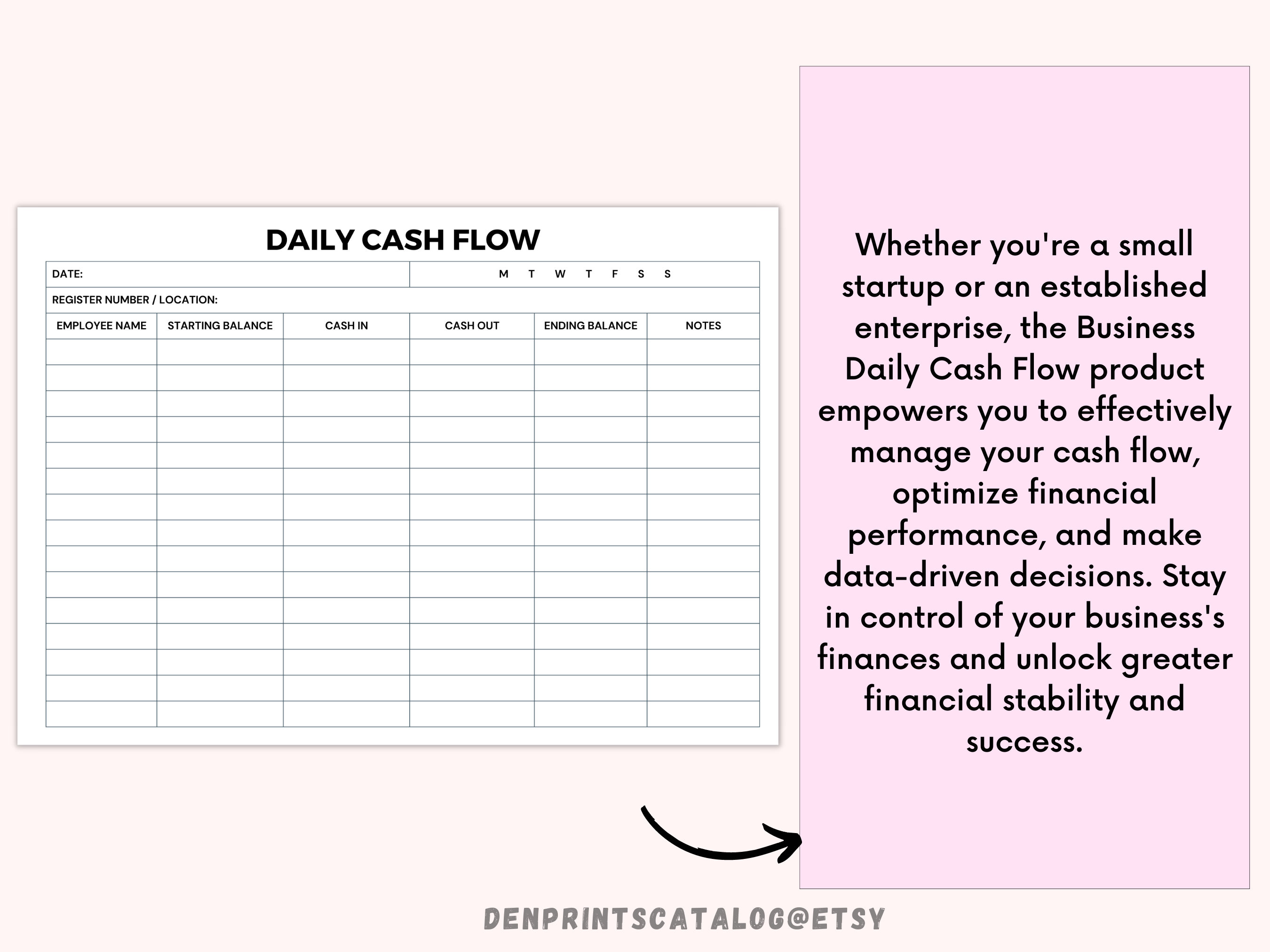 Business Daily Cash Flow Printable, Statement Report, Register in Out ...